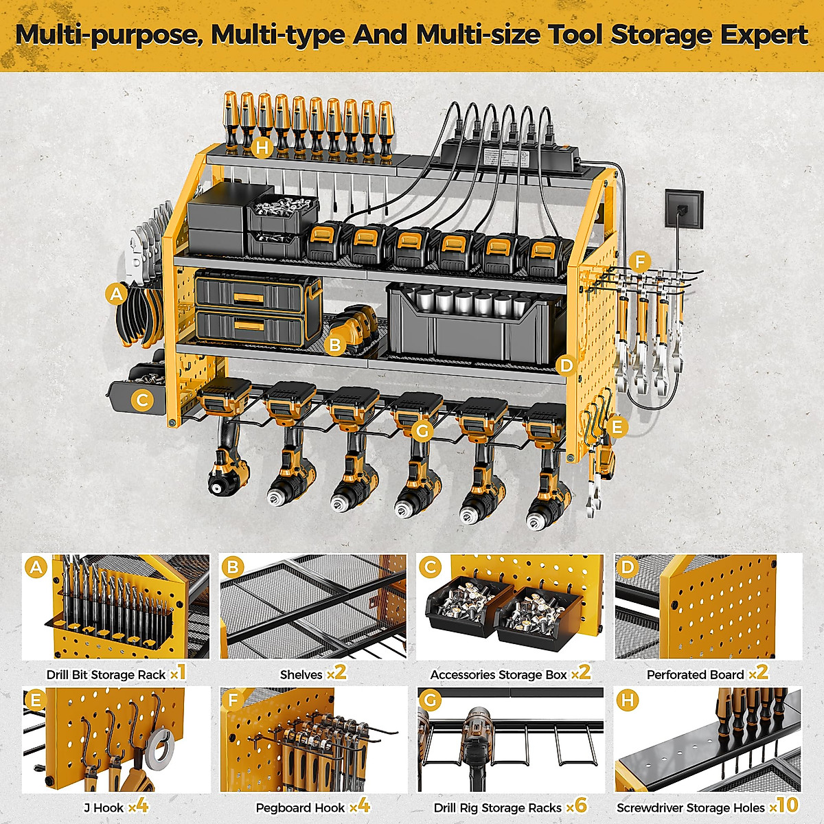LBT Power Tool Organizer Wall Mount with Charging Station. Patented, Heavy Duty Steel, Garage 6 Drill Storage Shelf, 8 Hooks,2 Screw Boxes,6 Outlets Power Strip, Easy Install Power Tool Storage Rack.