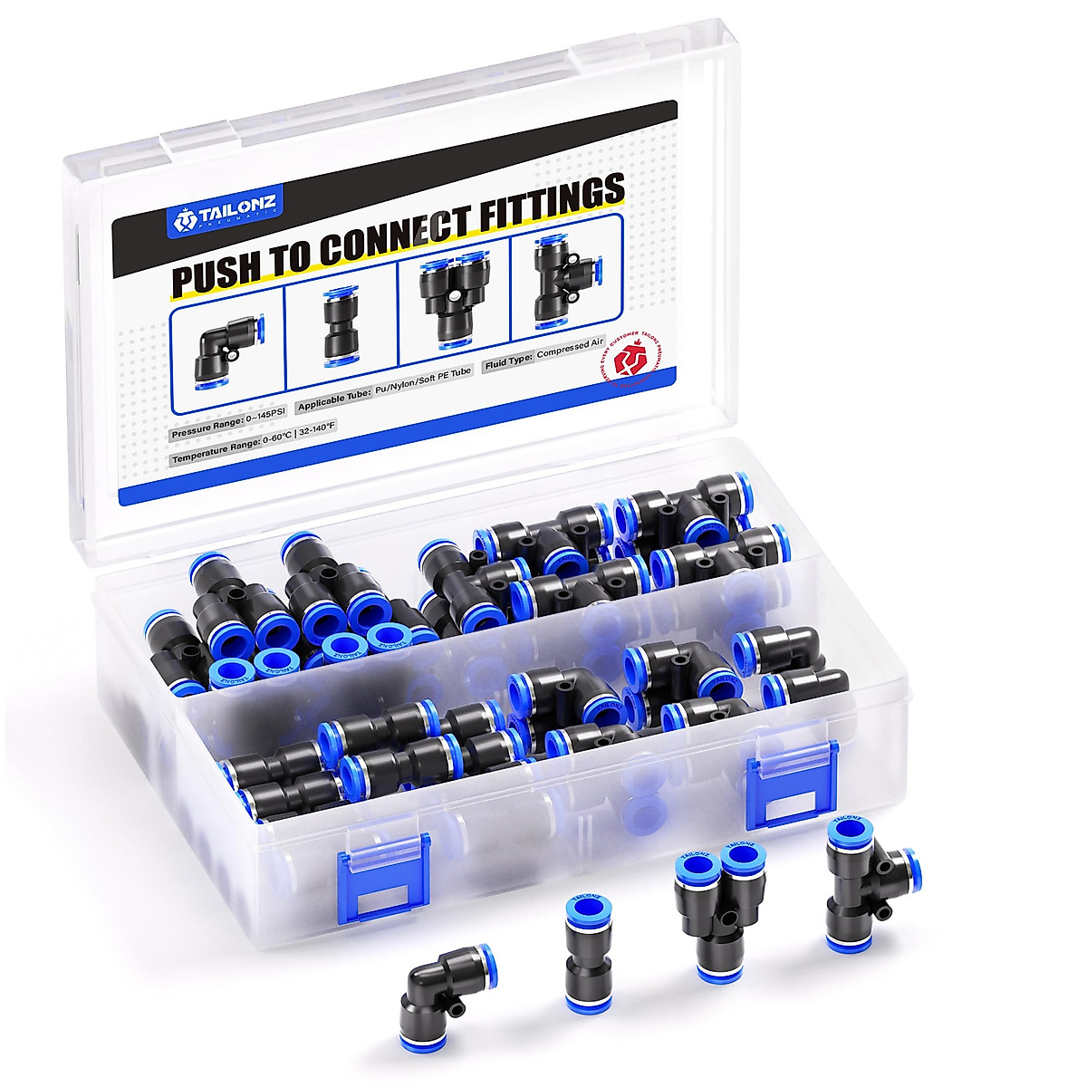 TAILONZ PNEUMATIC 5/16 Inch od Push to Connect Fittings Pneumatic Fittings Kit 10 Spliters+10 Elbows+10 tee+10 Straight(40 pcs)