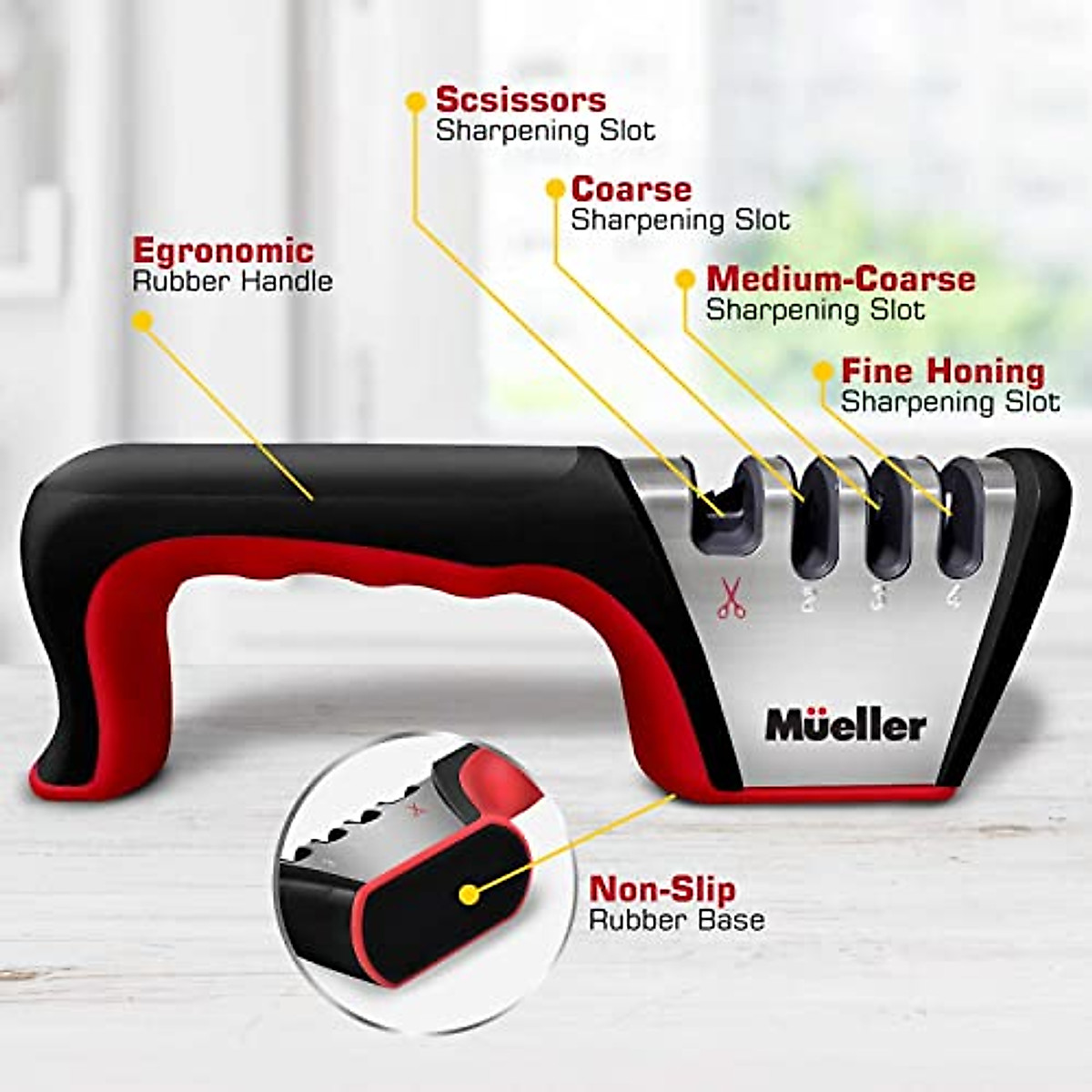 Mueller 4-in-1, 4-Stage Best Knife Sharpener for Hunting, Heavy Duty Diamond Blade Really Works for Ceramic, Steel Knives and Scissors