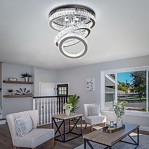 Finktonglan 19.7" Crystal Chandelier Modern LED Crystal Ceiling Light Fixture Flush Mount Ring Chandeliers for Bedroom Dining Room Living Room 6500K Cool White
