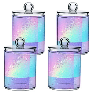 2 PACK Hologram Iridescent Foil Effect Qtip Holder Dispenser for Cotton Ball, Cotton Swab, Cotton Round Pads, Floss Picks - Plastic Apothecary Jar Set for Bathroom Canister Storage Organization
