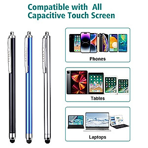 CCIVV 3 Pcs Stylus Pens for Touch Screens [0.24-inch Tip Series] + 12 Extra Replaceable Rubber Tips (Black/Silver/Dark Blue)