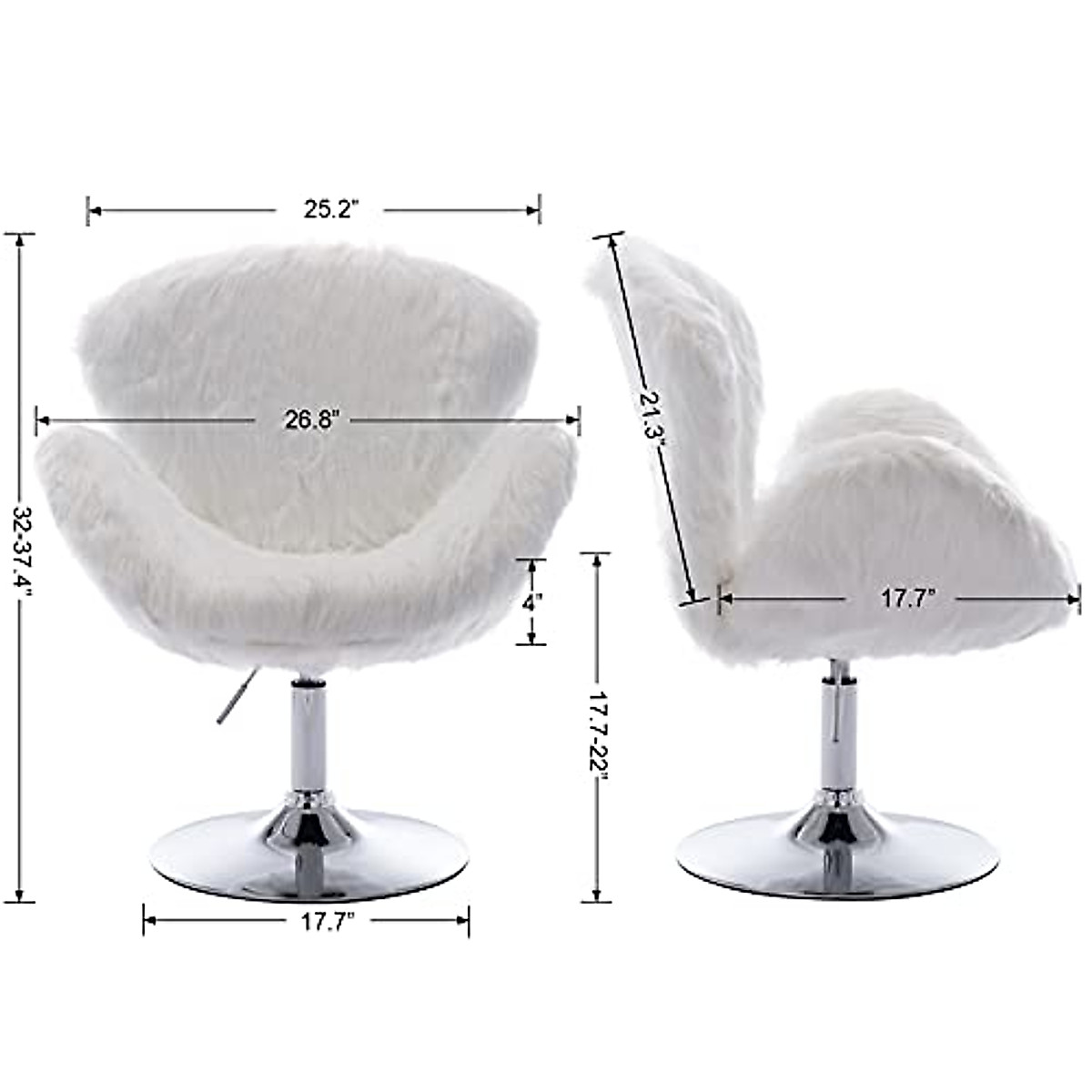 Kmax Faux Fur Accent Chair, Height Adjustable Plush Vanity Stool for Bedroom, Shaggy Dog Shell Chair for Dorm/Living Room, White