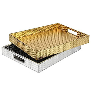 HofferRuffer Rectangle Serving Tray with Hole Handles for Coffee Table, Breakfast, Tea, Food, Butler - Countertop, Kitchen, Vanity Serve Tray, 16.2 x 12.2 x 2 inches, Faux Leather Tray (Gold)
