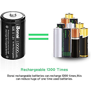 BONAI Rechargeable C Batteries 5000mAh 4-Counts with LCD Battery Charger for C D AA AAA 9V Ni-MH Ni-CD Batteries with D Cells 10,000mAh 1.2V Ni-MH High Capacity High Rate Battery 4 Pack