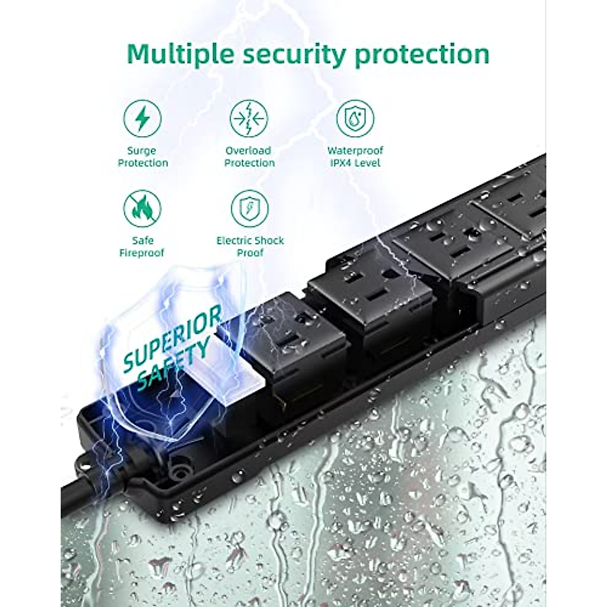 Outdoor Power Strip Weatherproof, Waterproof Surge Protector 6 Outlets, 6 FT Extension Cord, 1875W Overload Protection, Shockproof Outlet, Wall Mountable for Home, Kitchen, Bathroom, Garden, Patio
