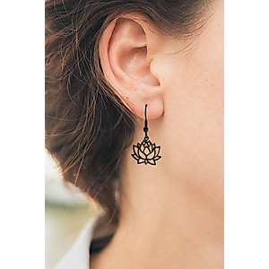 Lotus Flower Stainless Steel Dangle Earrings (Black)