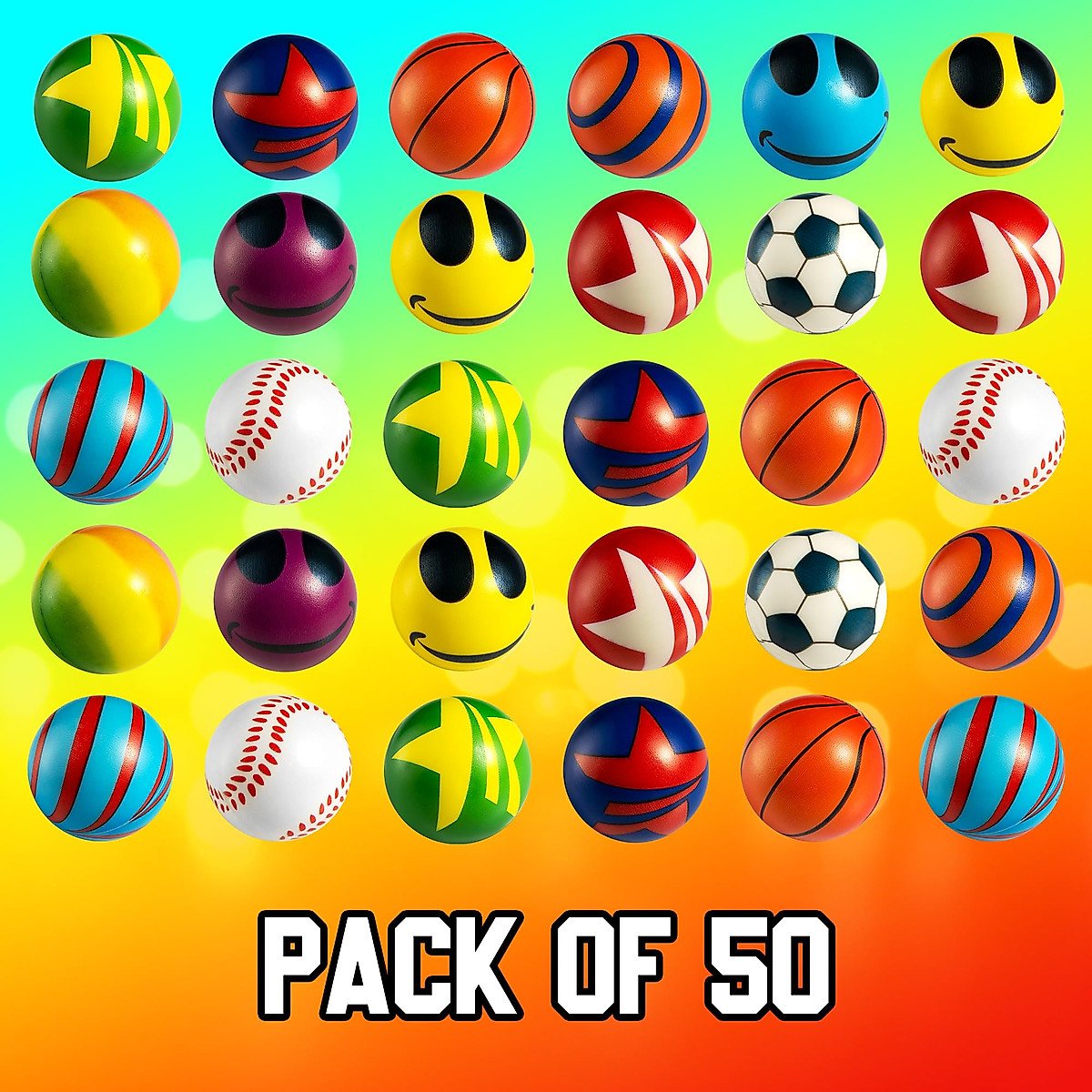 50 Mini Stress Balls For Kids And Adults - Bulk 2 Inch Assorted Soft Stress Relief Balls, Squishy Balls Sensory Fidget Toys, Party Favors, Birthday Gifts Goodie Bag Stuffers Stocking Stuffers For Kids