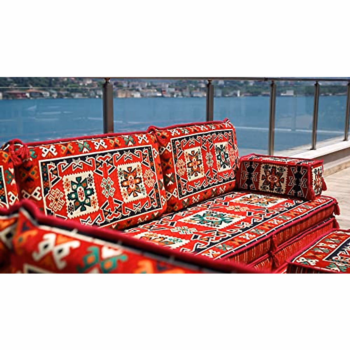 Corner Floor Seating, L Shaped Sofa Set,Turkish Sofa Set, Floor Couch, Oriental Floor Seating, Seating Sofa, Ethnic Sofa,Bohemian Furniture (L Sofa + Rug + Poufs)
