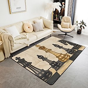 International Chess 3'x5' Ultra Soft Rugs,Vintage Chess Sports Game Theme Non-Slip Rugs for Playroom Bedroom Decor,Retro Brown Black Checker Grids Marble Print Indoor Mat Rug for Teens