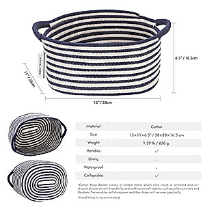 Sea Team Oval Cotton Rope Storage Basket, Woven Storage Bin, Nursery Storage Container with Handles, Diaper Caddy, Baby Shower Basket, Storage Box, Organizer, 15 x 11 x 6.5 Inches (Medium, Navy Blue)