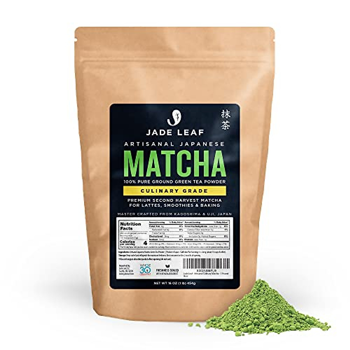 Jade Leaf Matcha Artisanal Green Tea Powder - Premium Second Harvest Culinary Grade - Authentic Japanese Origin (1 Pound Pouch)