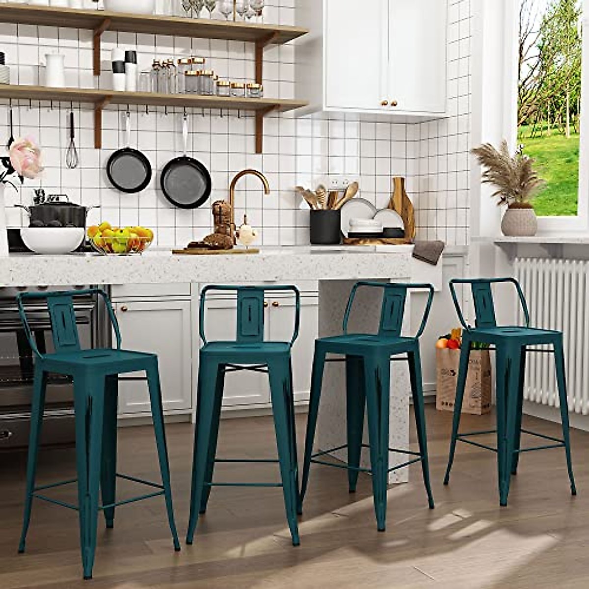 Andeworld Distressed Bar Stools Set of 4 Industrial Counter Stools Metal Barstools with Backrest (30 Inch, Distressed Design Teal)