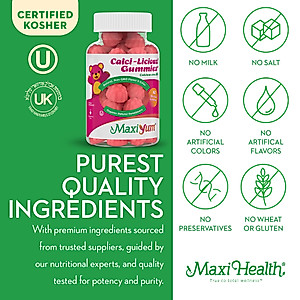 Maxi Health - Calcium Gummies with Vitamin D3 (60 Count) - 300 mg Coral Calcium & 1000 IU Vitamin D Gummy - Chewable Kosher Calcium D3 Gummies for Adults, Women, Men & Kids - Calcium Chews Supplement