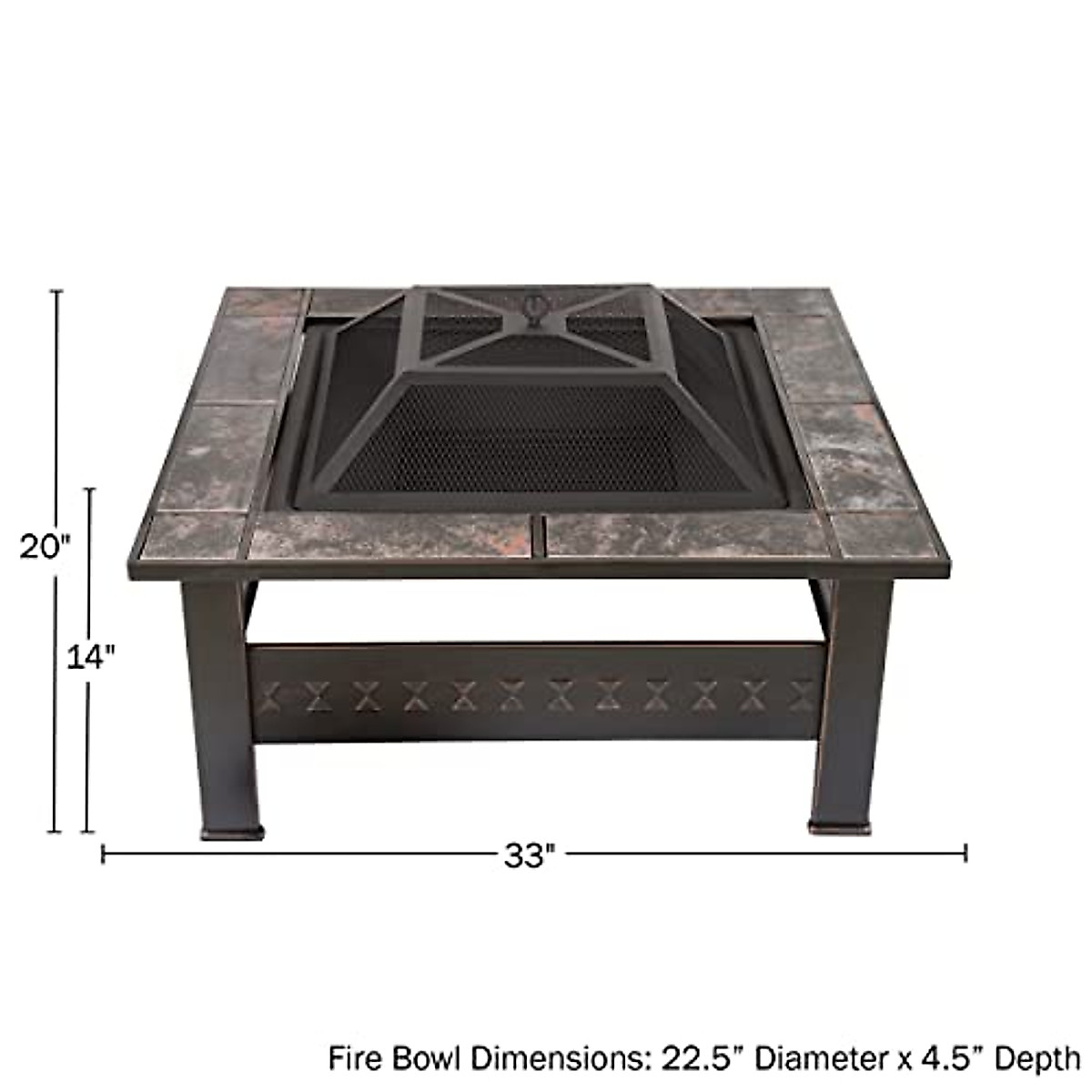 Pure Garden 50-155 Wood Burning Fire Pit Set Includes Screen, Cover and Log Poker-for Outdoor and Patio, 32-inch Marble Tile Square Firepit, Bronze