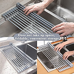 Neholef Roll-Up Dish Drying Rack, Over The Sink Multipurpose Dish Drainer Rack, Heat-Resistant Anti-Slip Silicone Coated Dish Rack for Kitchen Sink Countertop