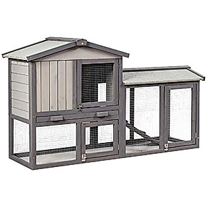 Tangkula Rabbit Hutch Indoor and Outdoor, 58-Inch Bunny Cage with Removable Tray & Ramp, Wood Chicken Coop with Waterproof Roof for Rabbits, Chicken and Guinea Pigs (Gray)