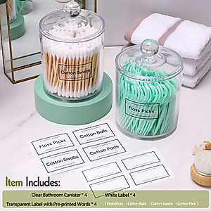 AOZITA 4 Pack 18 OZ Qtip Holder Dispenser for Cotton Ball, Cotton Swab, Cotton Round Pads, Floss - Clear Plastic Apothecary Jar Set for Bathroom Canister Storage Organization, Vanity Makeup Organizer