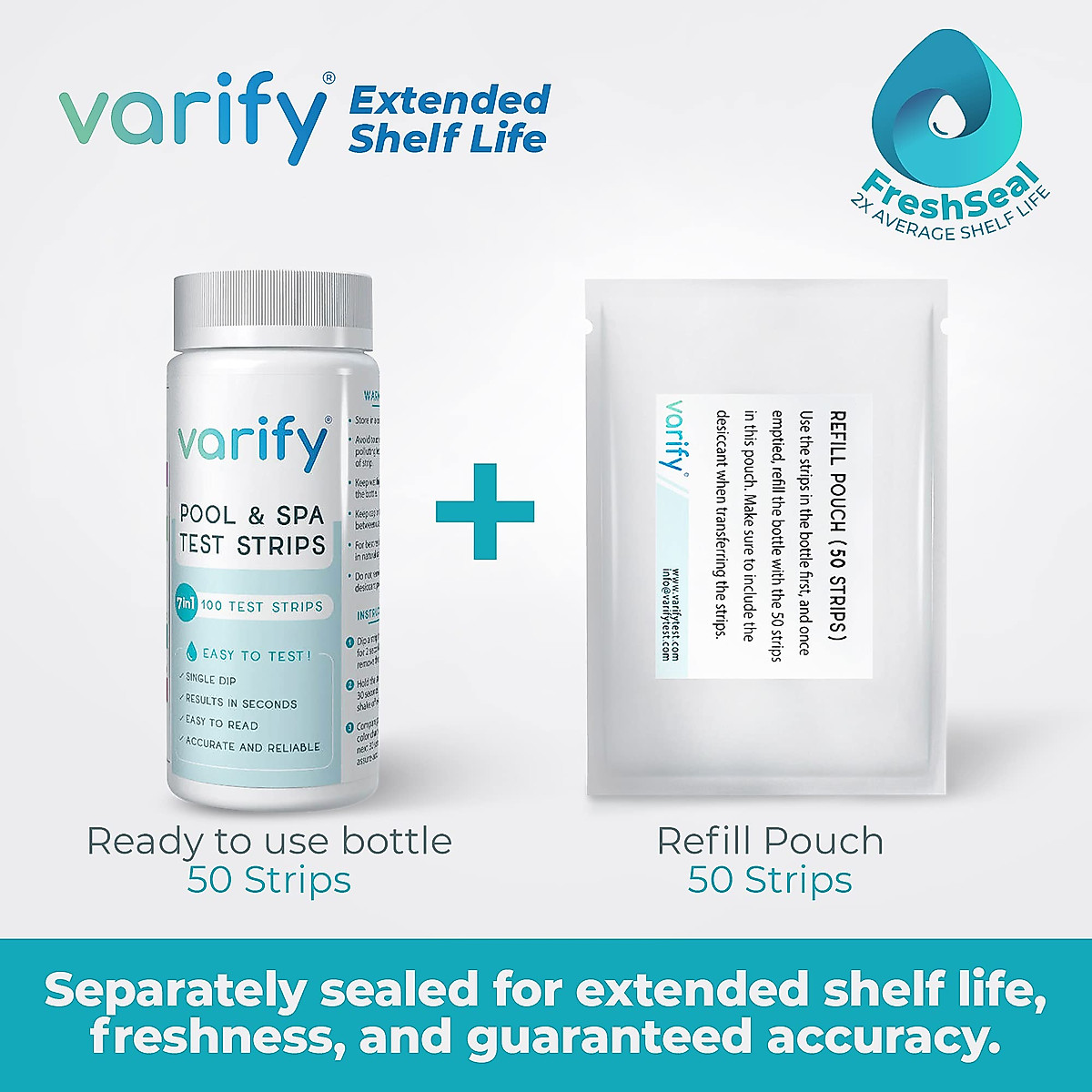 Varify Premium Pool and Spa Test Strips - 7 in 1 Testing Strip for Pools, Spa, Hot Tub & More - Water Quality Testing Kit for Hardness, Chlorine, Bromine, pH, Alkalinity & Cyanuric Acid (100 Strips)