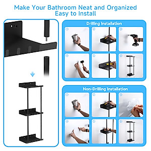 RRM Towel Racks for Bathroom, 3 Tier Wall Towel Holder, Metal Wall Towel Rack Mounted Towel Storage Towel Storage with 3 Tier Metal Shelf and 6 Hooks for Small Bathroom (Matte Black)