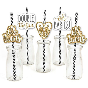 It's Twins - Paper Straw Decor - Gold Twins Baby Shower Striped Decorative Straws - Set of 24