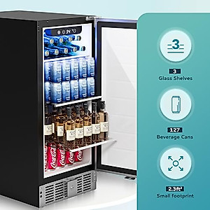 EUHOMY Beverage Refrigerator 15 Inch, Under Counter 127 Can Beverage Fridge with Stainless Steel Door, Beverage Cooler Built-in and Undercounter Beer Fridge, Drink Fridge - Soda Cola