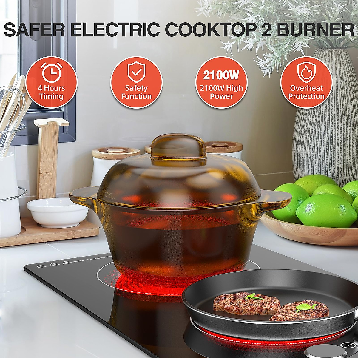 110v Electric Cooktop 2 Burners, 12'' Electric Stove Top with Plug in, GTKZW Knob Control Countertop & Built-in Ceramic Cooktop, 9 Power Levels, Child Lock, Timer, Over-Heat Protection
