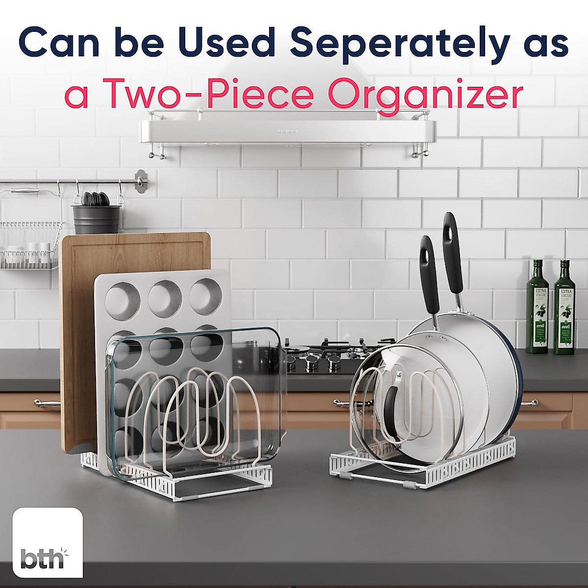 Better Things Home 12+ Expandable Pan and Pot Lid Organizer Rack for Cabinet, Pot Lid Holder Pot Organizers Inside Cabinet, Pots and Pans Organizer Under Cabinet (Off White, LID ORGANIZER)