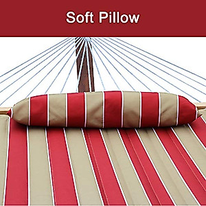 Prime Garden Quilted Fabric Hammock with Pillow, Heavy Duty Hammock with Hardwood Spreader Bars, 2 People Double Hammock for Outdoor Outside Patio Backyard Poolside Beach (Cherry Stripe)