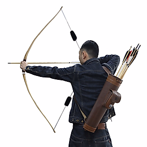 TOPARCHERY Traditional Shoulder Back Quiver Bow Leather Arrow Holder with Large Pouch Handmade Straps Belt Bag Brown