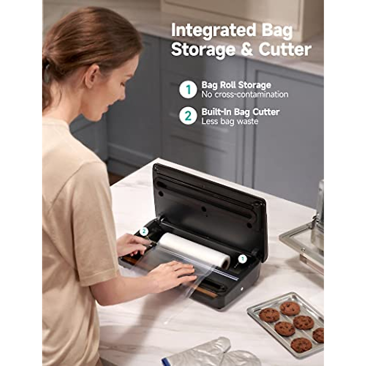 HiCOZY Vacuum Sealer Machine, Food Vacuum Sealer with Built-in Cutter and Bag Storage, Air Sealer Machine for Sous Vide and Food Storage with 10 BPA Free Vacuum Sealer Bag, 1 Roller Bag, Space Gray