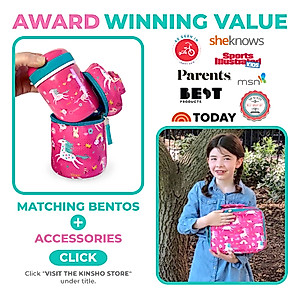 Bento Lunch Box with Insulated Bag, Water Bottle Ice Pack Set for Kids Toddlers, 5 Portion Sections, BPA Free Removable Tray, Pre-School Kid Toddler Daycare Lunches, Snack Container, Pink Unicorn
