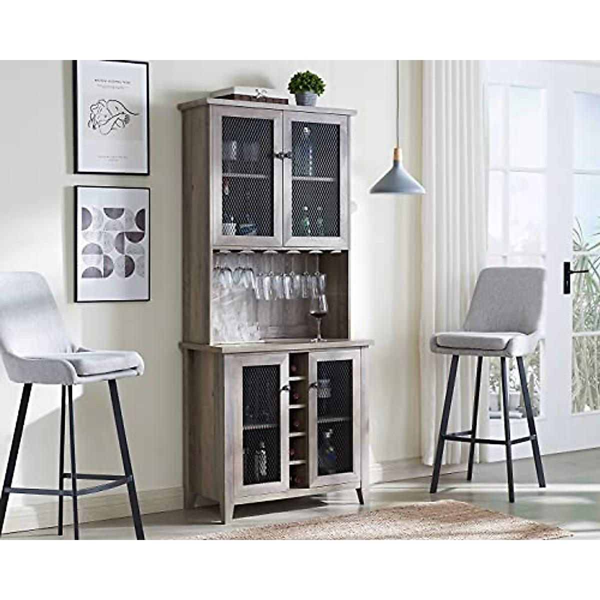 Home Source Jill Zarin Bar Cabinet in Grey Wash with Mesh Doors and Stem Glass Placement