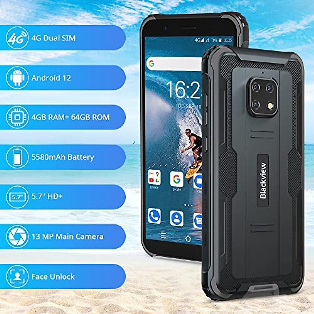 Blackview Rugged Smartphone Unlocked, BV4900Pro 4G Dual SIM Cell Phone Android 12, 7GB+64GB/SD 256GB Expandable, IP68 Waterproof Smartphone, 5580mAh Battery, 5.7" HD, NFC/GPS/OTG Rugged Android Phone