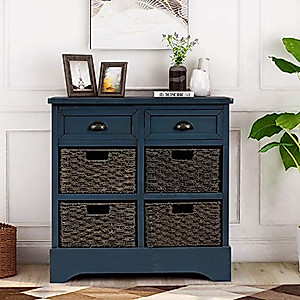 Knocbel Farmhouse Wicker Baskets Storage Cabinet with 2 Drawers and Aluminum Alloy Handles, Decorative Chest of Drawer Console Table for Entryway Hallway Dining Room Living Room (Antique Navy)