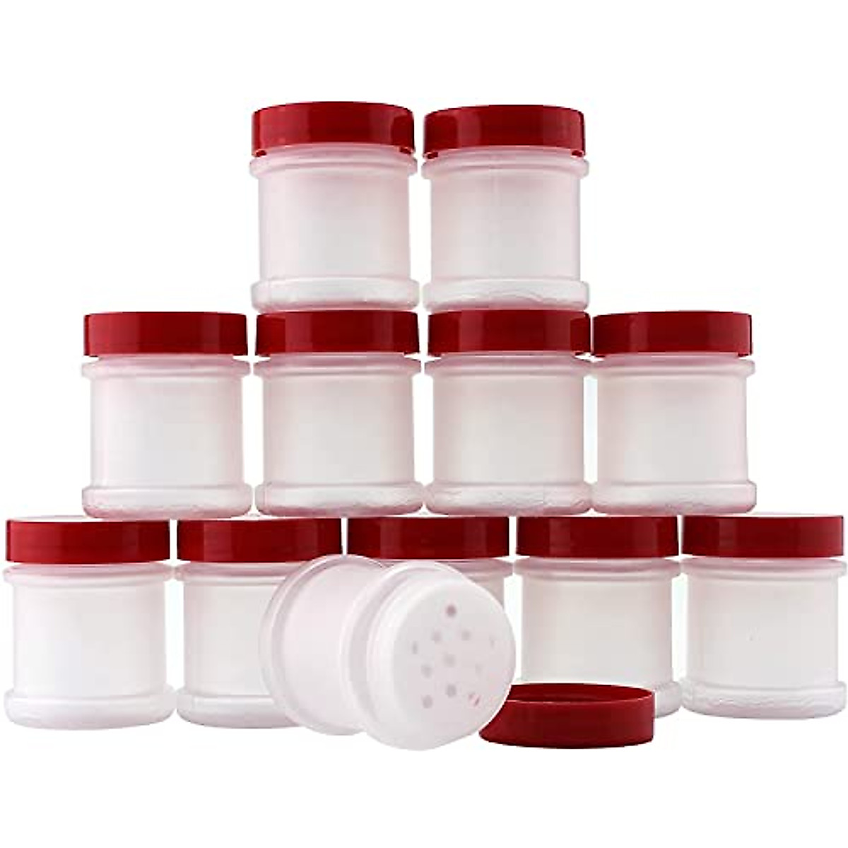 Cornucopia Brands Mini Plastic Spice Jars w/Sifters (12-Pack, Red); 2 Tablespoon Capacity (1 Fluid Ounce) Spice Bottles Great for Travel, Glitter, Gifts, Favors, Etc.