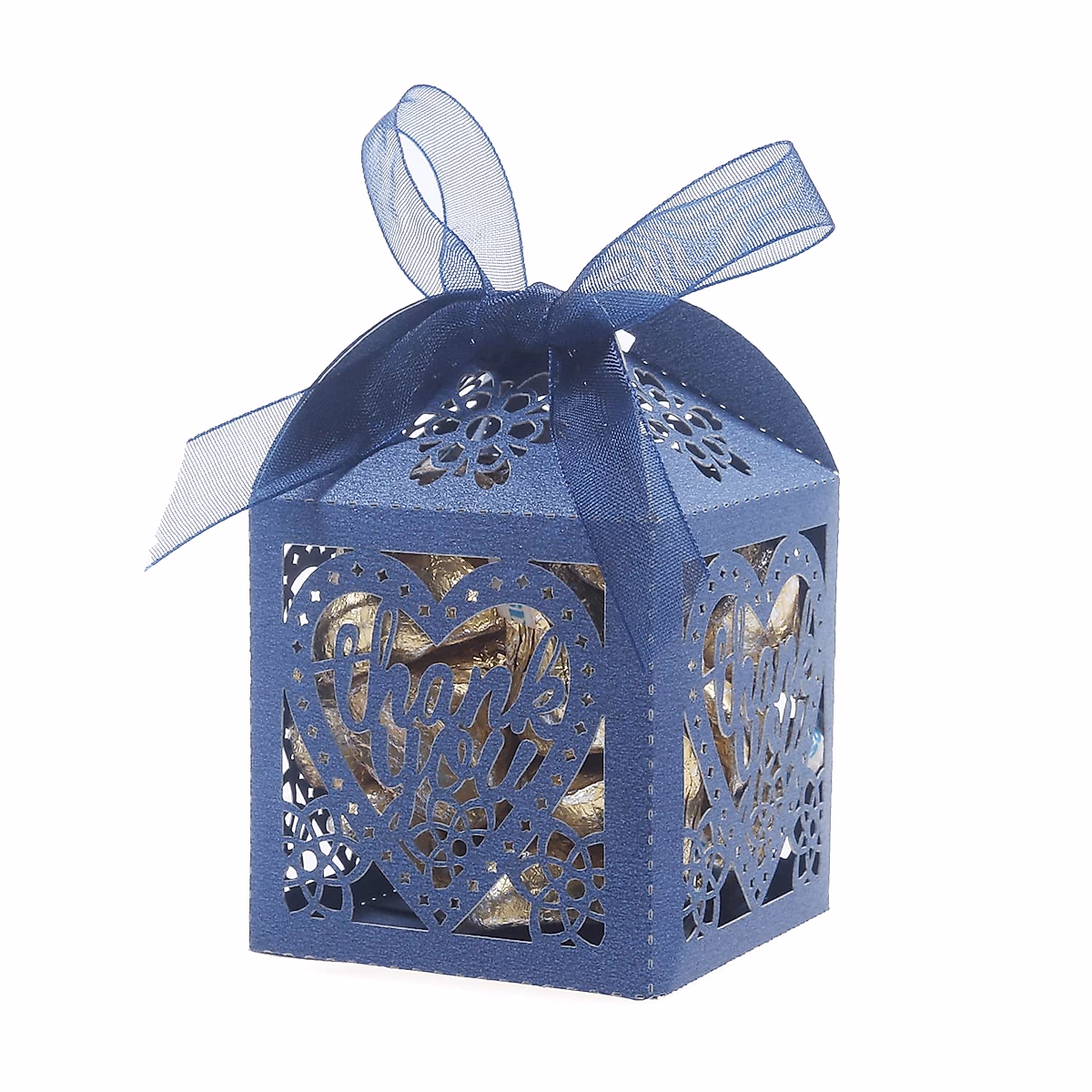 COTOPHER Laser Cut Boxes 60pcs Thank You Gift Boxes Wedding Party Favor Boxes Lace Candy Boxes for Wedding Bridal Shower Baby Shower Birthday Party Decorations with Ribbons (2x2x2.75inch, Navy, 60)