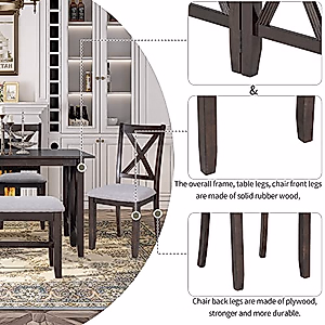 FIQHOME 6 Piece Set, Rustic Farmhouse Dining Room Foldable Table with 4 Upholstered Chairs and Bench, Solid Wood Kitchen Persons,Espresso