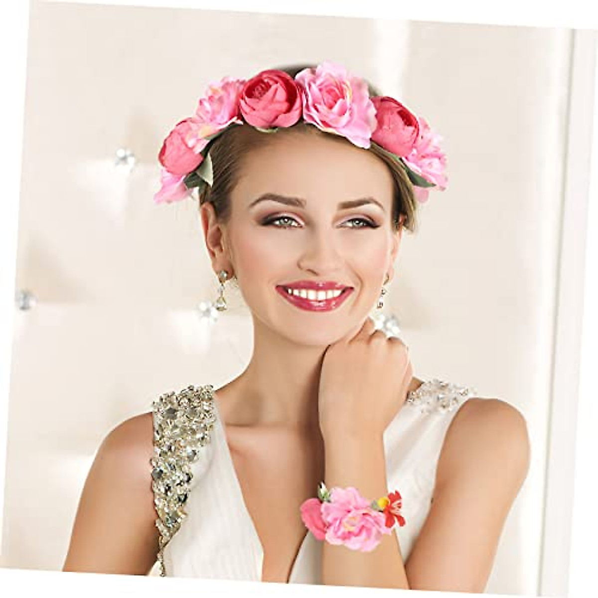 ifundom flower crown and wrist band adjustable flower crown Hair Wreath flower Headband Garland Wristband corsage wristlet floral crown Korean bride headband Miss fabric hawaii 1 Set