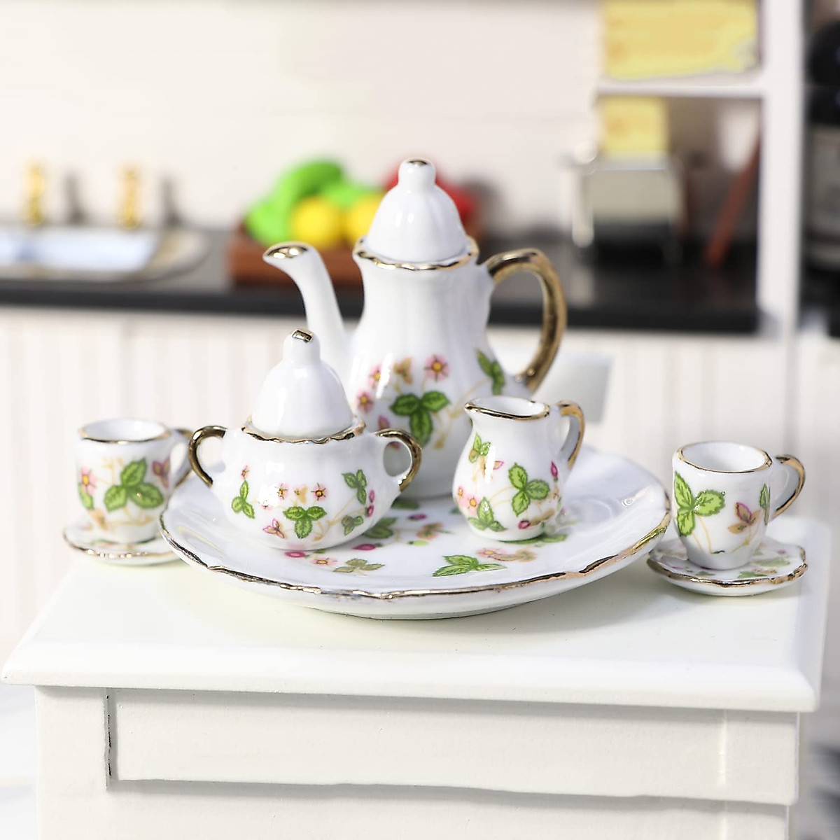 Dollhouse Tea Cup Sets 1:6 Scale Miniature Porcelain Dollhouse Accessories 8PCS Flower Pattern Teapot Platter Dish Sets Dollhouse Kitchen Supplies Decoration (Green)