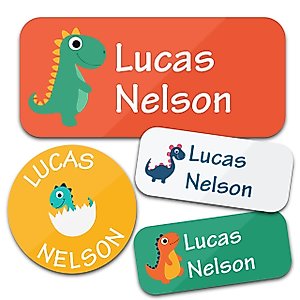 Bunny Badges Personalized Daycare Name Labels (130 Labels) - Custom Waterproof Name Stickers for Clothing Tags, Water Bottles, Lunch Boxes and School Supplies (Dinosaurs)