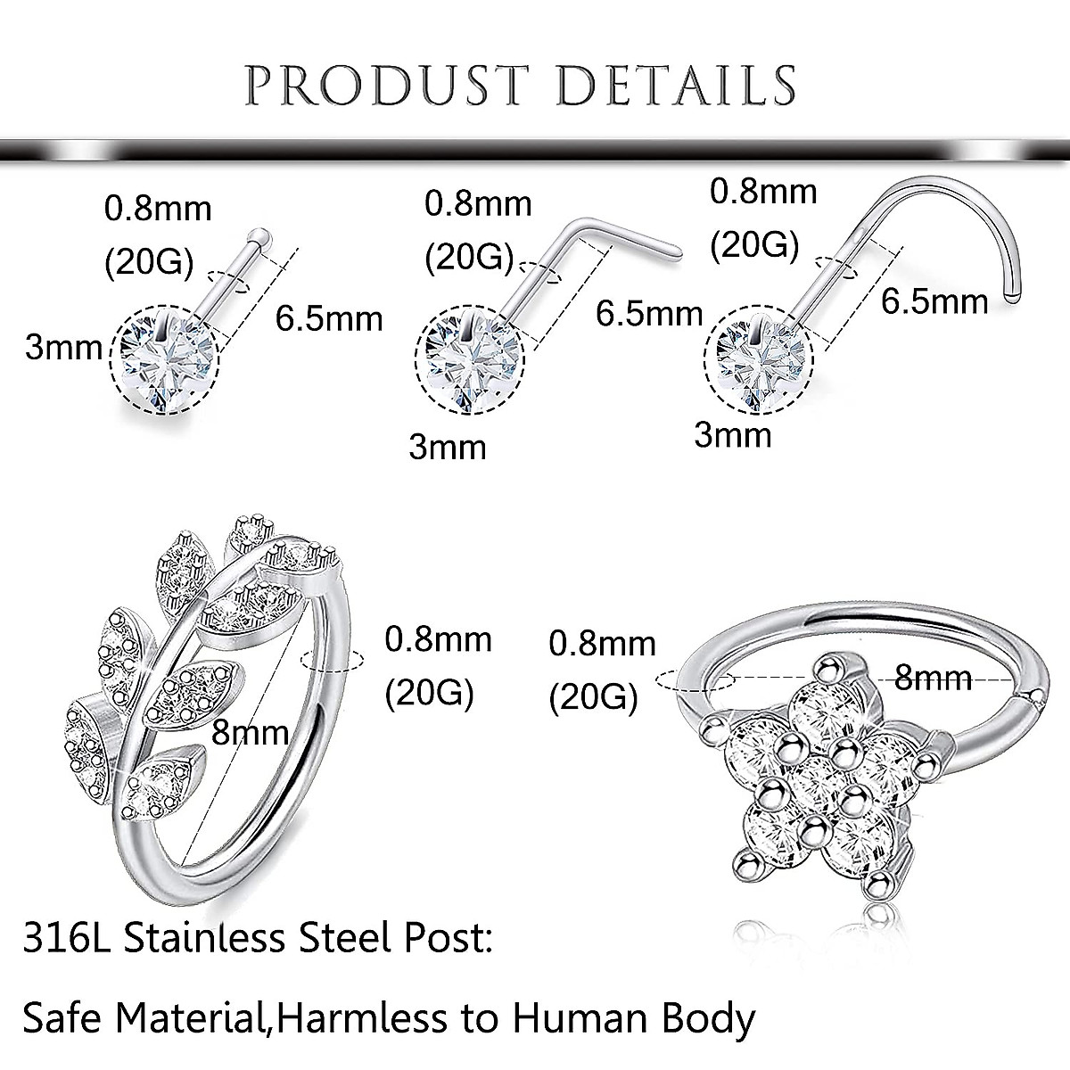 Hoeudjo 20G Nose Rings for Women Surgical Steel Nose Piercing Jewelry Hoop Nose Ring L Shaped Nose Studs Screw for Men