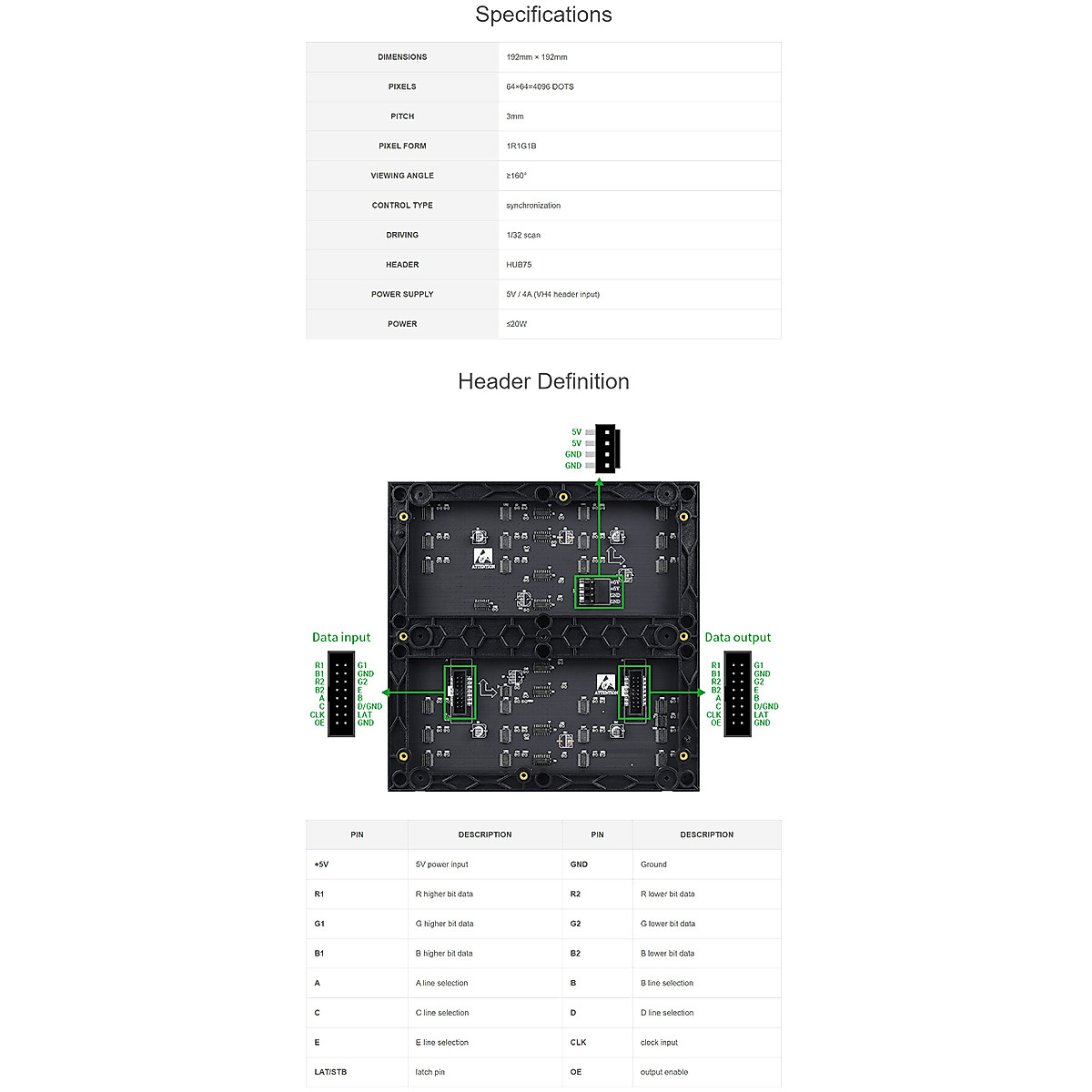 Coolwell RGB Full-Color LED Matrix Panel for Raspberry Pi and Ardui, 3mm Pitch, 64×64, 4096 Individual RGB LEDs, Brightness Adjustable