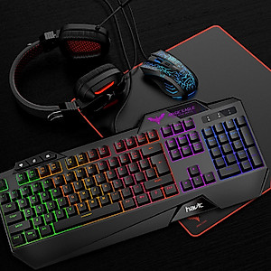 HAVIT Gaming Keyboard Mouse Headset & Mouse Pad Kit, Rainbow LED Backlit Wired, Over Ear Headphone with Mic for PC, Computer, Xbox ONE & PS4, Tablet, Mobile Phones (Renewed)