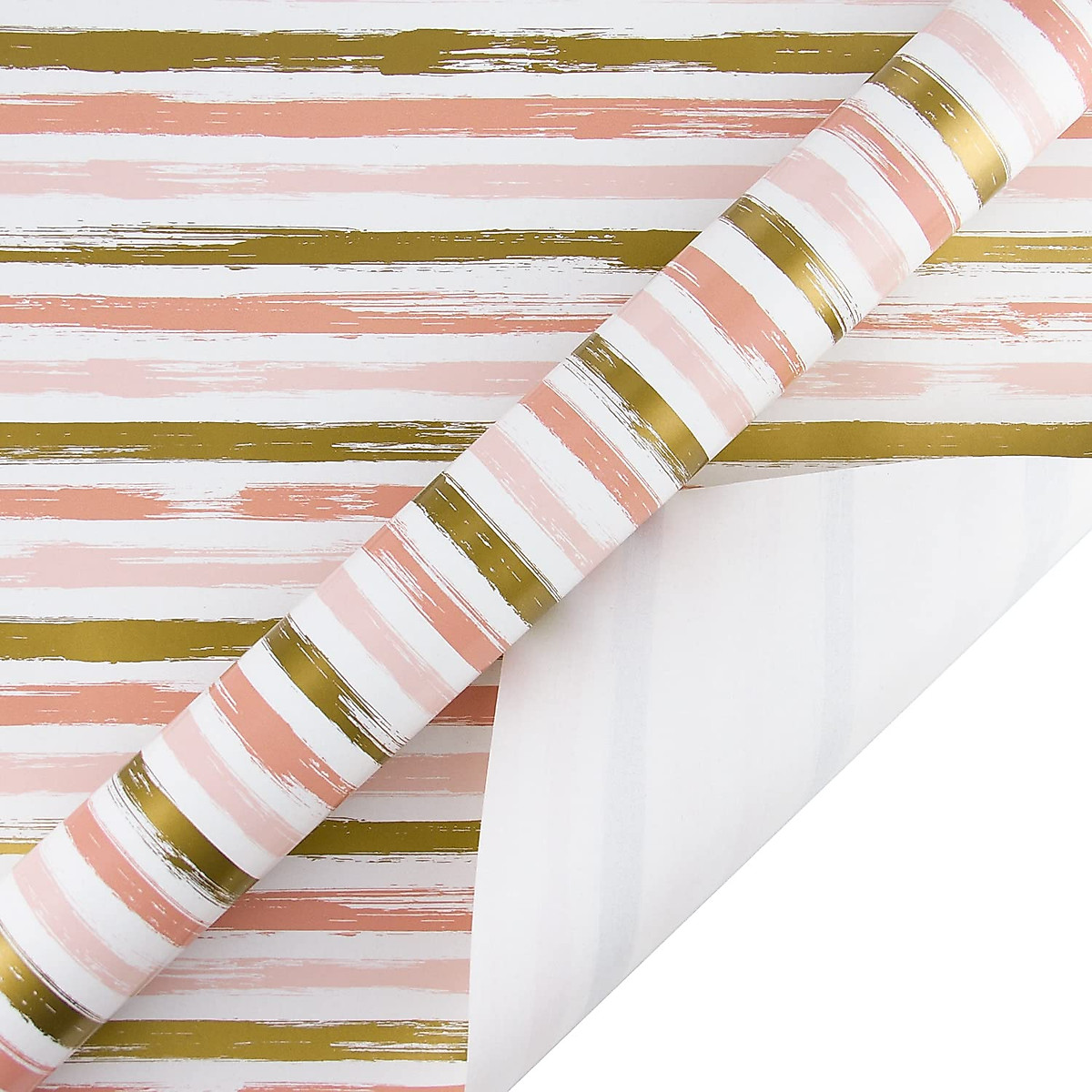 WRAPAHOLIC Reversible Wrapping Paper - Mini Roll - 17 Inch X 33 Feet - Pink Gold Lines and Solid Pink Design for Birthday, Holiday, Wedding, Baby Shower