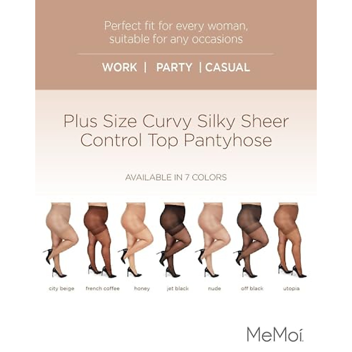 MeMoi Plus Size Curvy Silky Sheer Control Top Pantyhose City Beige 7X