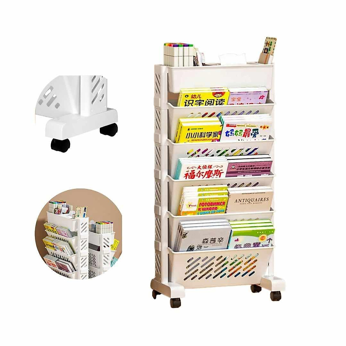 Multifunctional Storage for Books, White Rotating Shelf with 6 Levels, Plastic Bookcase on Wheels!