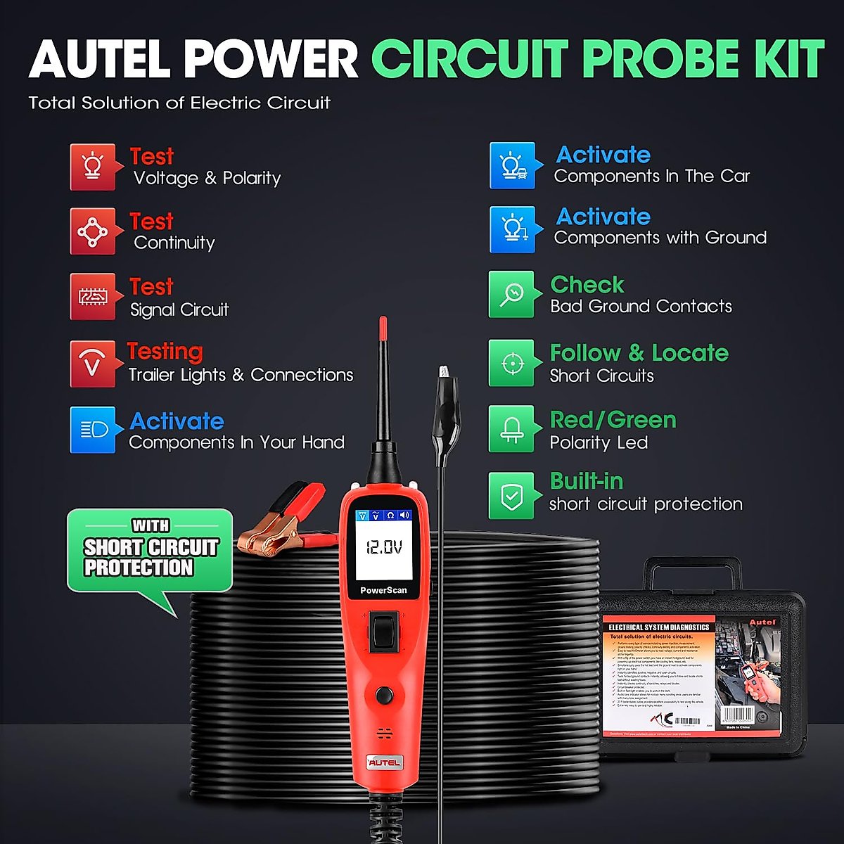Autel PowerScan Automotive Circuit Tester, Power Circuit Probe Tool, 12-24V Electrical Short Open Breaker Circuit Finder, AC/DC Current Resistance, Duty Cycle, & 20FT Extension Cord, for 99% Cars