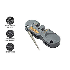 Smith's PP1 Pocket Pal Knife Sharpener Preset Carbide & Ceramic Stone Sharpeners Fold-Out Diamond Coated Rod Outdoor Hunting Knife & Hook Sharpener, Handheld, Compact, Lightweight, Multiuse