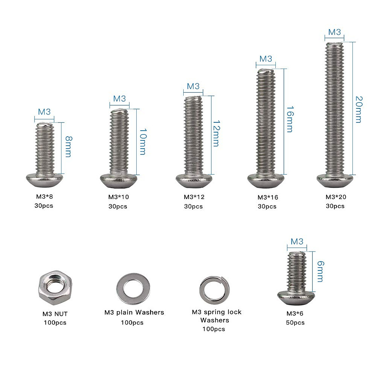 SZHKM 500pcs M3 Nuts and Bolts Assortment Stainless Steel Machine Screws Metric M3 Screws and Nuts Set Hex M3 Bolt Kit with Wrench